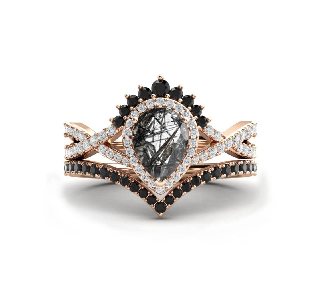 Rutilated quartz ring, Rutilated quartz engagement ring set, Chevron ring set, Rose gold Vintage Wedding ring set, Anniversary promise ring (White Gold, 6)