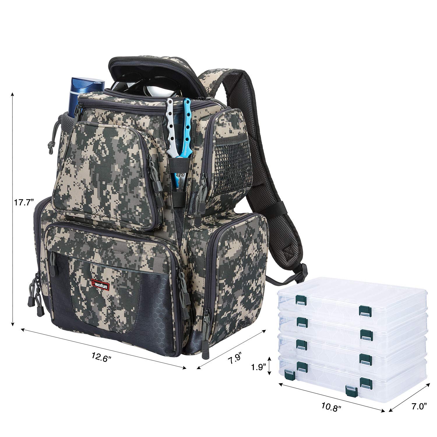 Piscifun Fishing Tackle Backpack with 4 Trays and Fish Lip Gripper