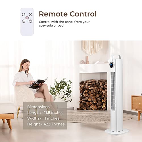 Uthfy Tower Fan with Remote Control, Oscillating Bladeless Fan, 43 Inch, Quiet 3 Speeds, Large LED Display,12H Timer, Standing Floor Fans Whole Room Home Office, White, One Size, ATF-014L-2