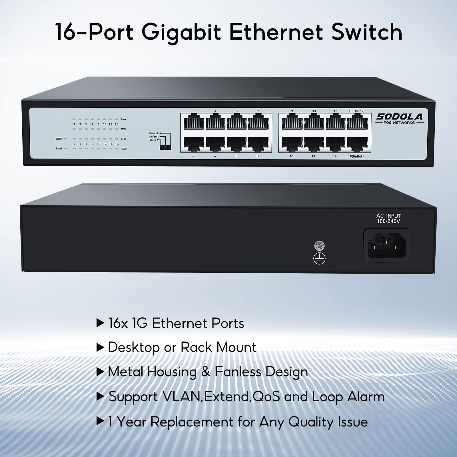 SODOLA 16 Port Gigabit Ethernet Switch | Desktop/ 1U Rackmount | QoS Priority| Plug & Play | Shielded Ports | Metal Housing | Fanless Design|Unmanaged Network Switch