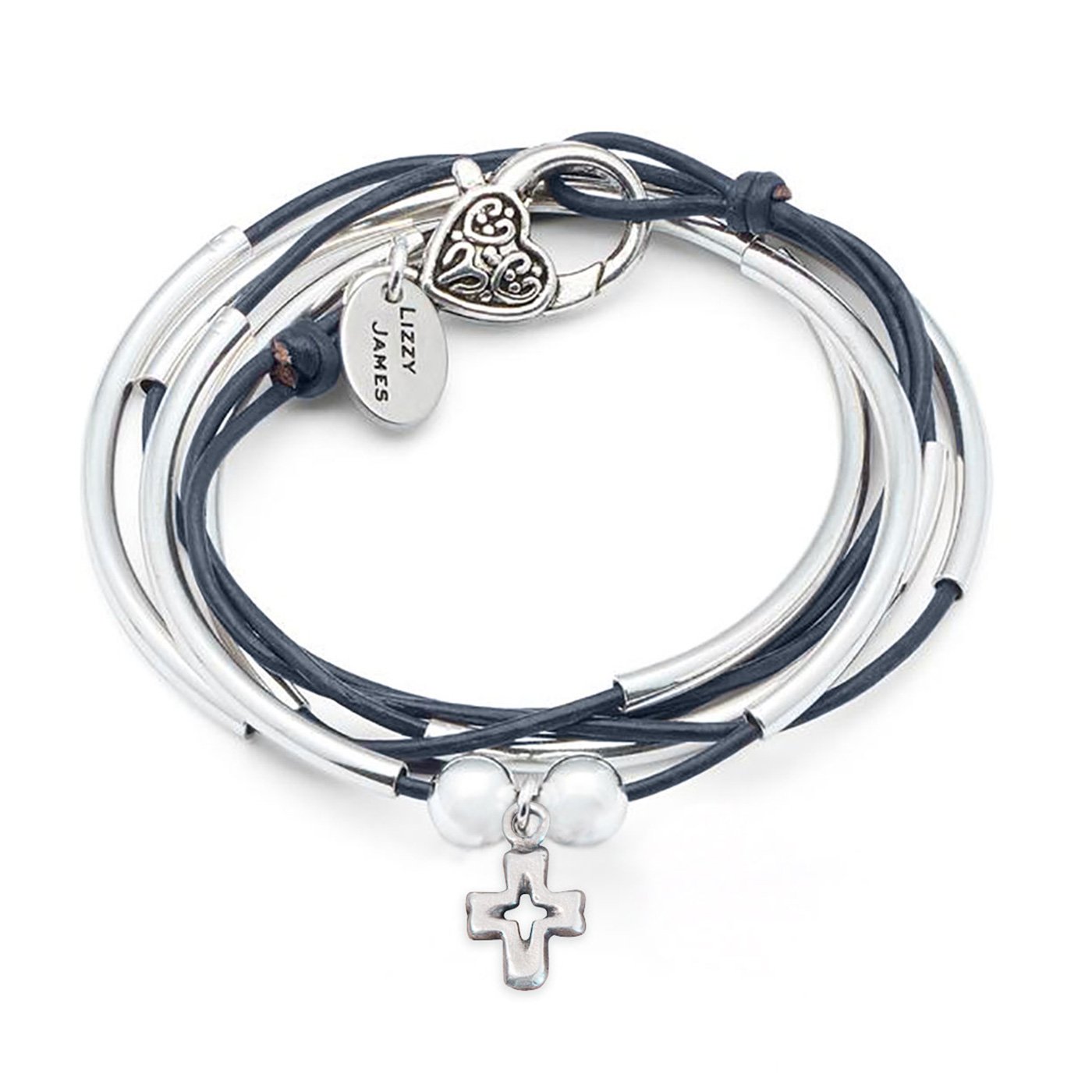 Lizzy James Girlfriend Silver Wrap Charm Bracelet Necklace w Open Cross Charm in Gloss Navy Blue Leather (Medium)