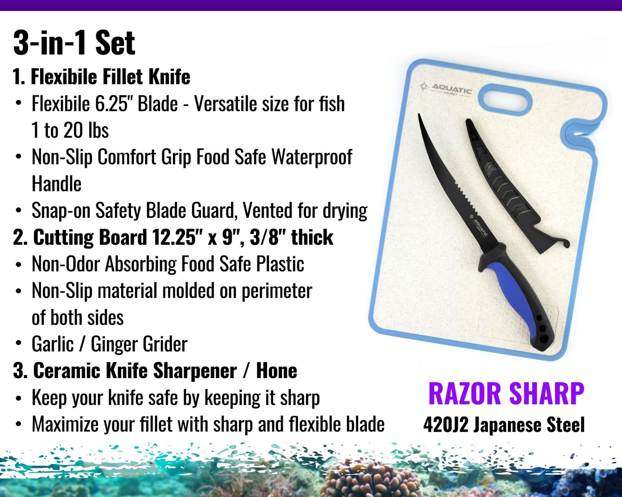 Pro 3-in-1 Set: 6.5β Fish Fillet/Boning Knife - 12β Non-slip Cutting Board - Ceramic Knife Sharpener