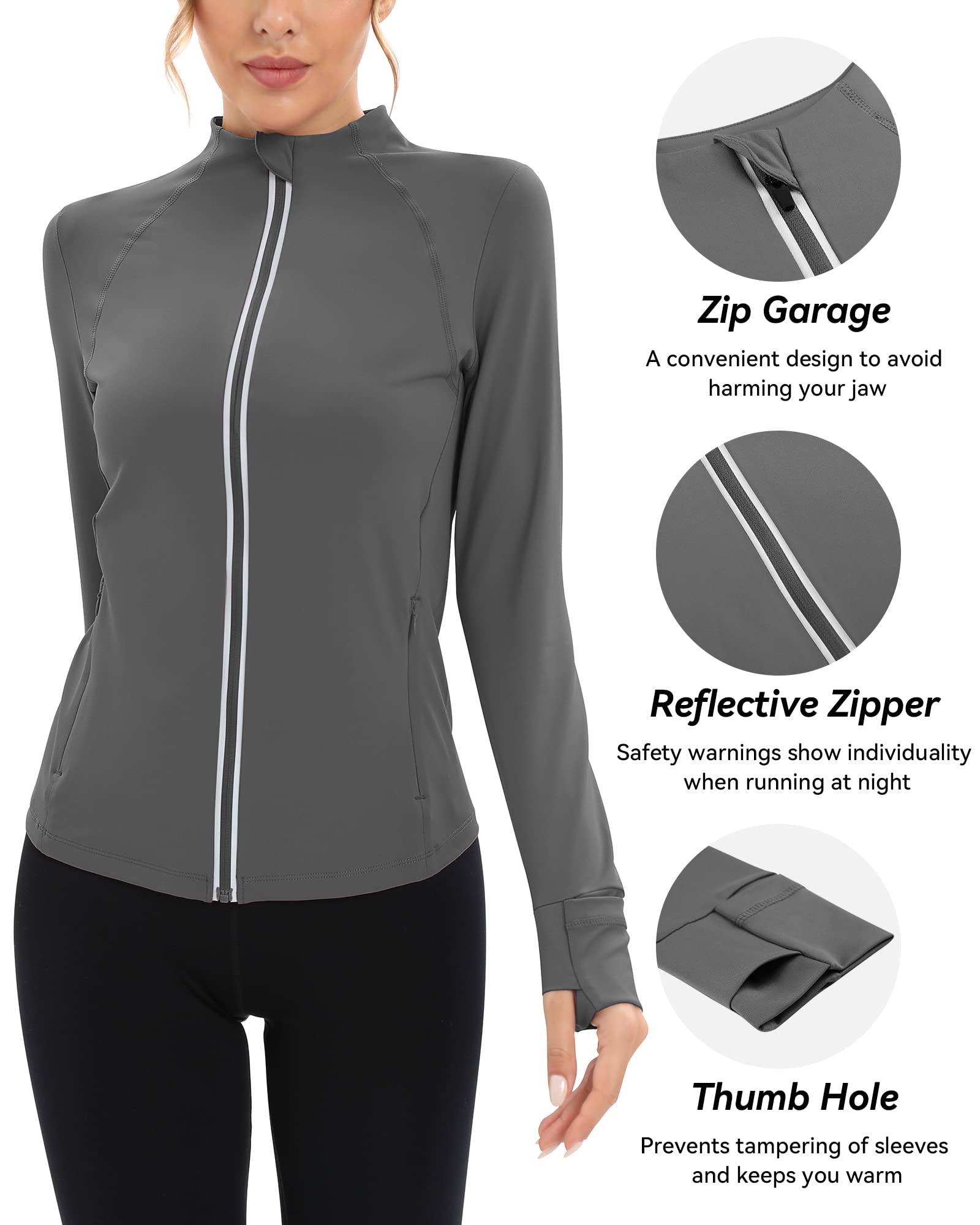 Runhit Lightweight Running Jacket for Women Long Sleeve Compression Shirts Zip Up Athletic Track Jacket UPF 50 Sun Protection Shirts Grey Small