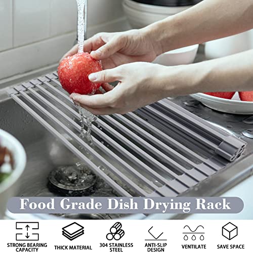 Neholef Roll-Up Dish Drying Rack, Over The Sink Multipurpose Dish Drainer Rack, Heat-Resistant Anti-Slip Silicone Coated Dish Rack for Kitchen Sink Countertop