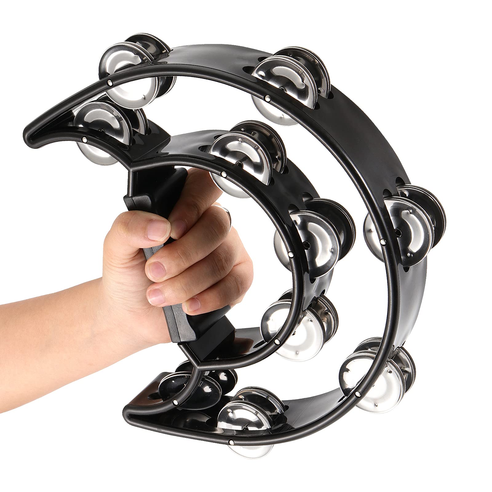 MUKLEI 4 Pack 9 Inch Double Row Tambourine, Metal Jingles Hand Held Percussion with Ergonomic Handle, Half Moon Tambourine for Gift, KTV, Party, 4 Colors