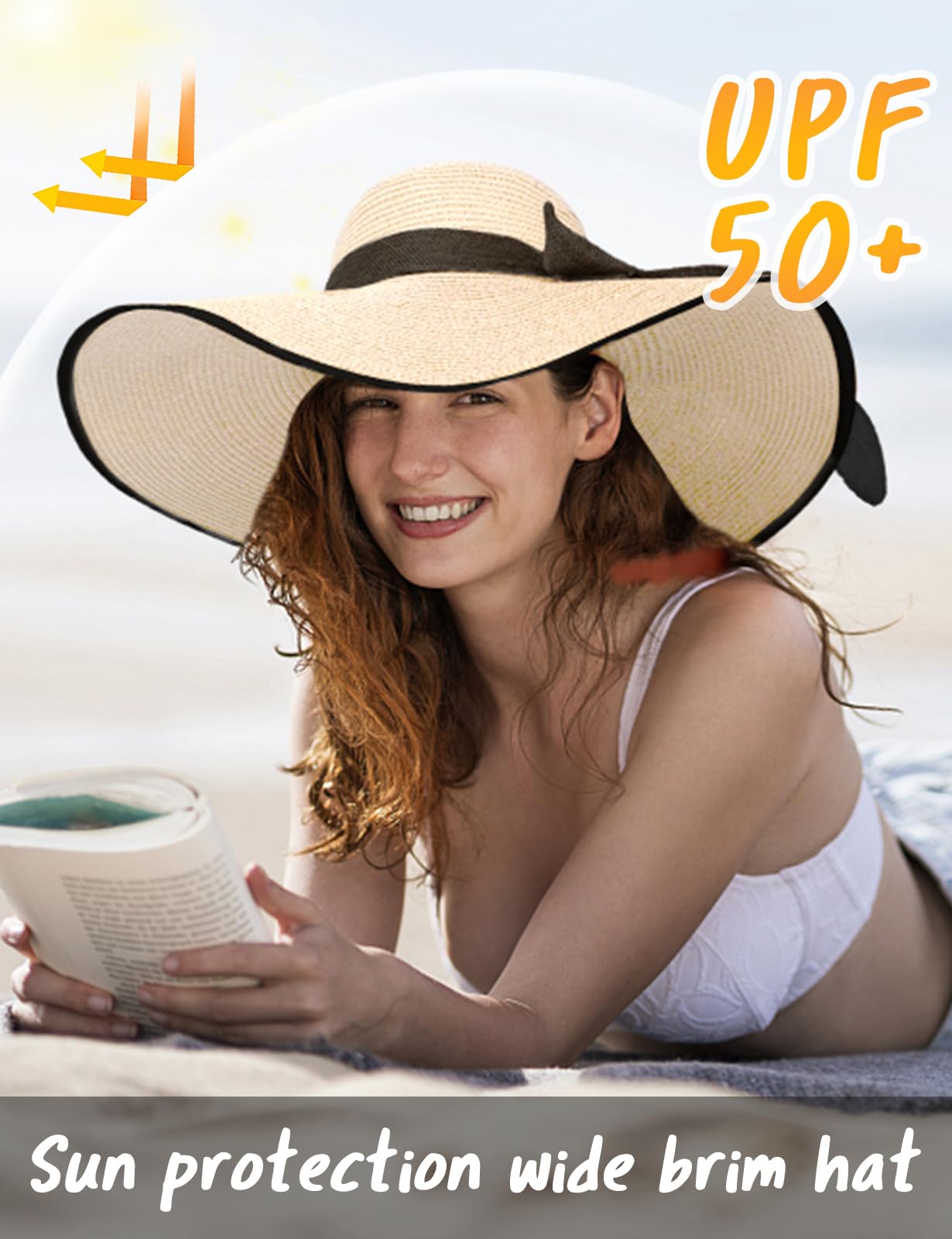 Karcusiny Sun Hat Womens Foldable Straw Hats Wide Brim Beach Hat Packable Sun Hat Women Summer Roll Up Sun Hats for Women (Black Edge-Beige)