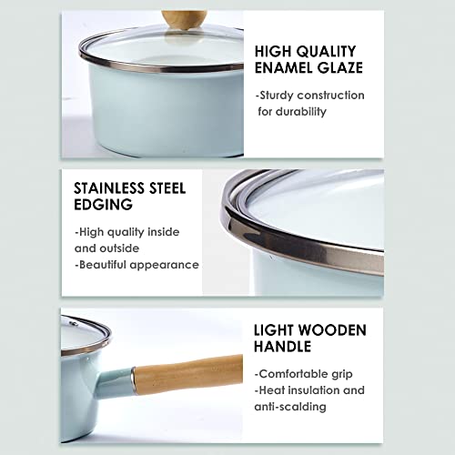 Saucepan, Enamel Sauce Pan Small Pot with Lid, Wooden Handle, 1.8 Quart (Blue)