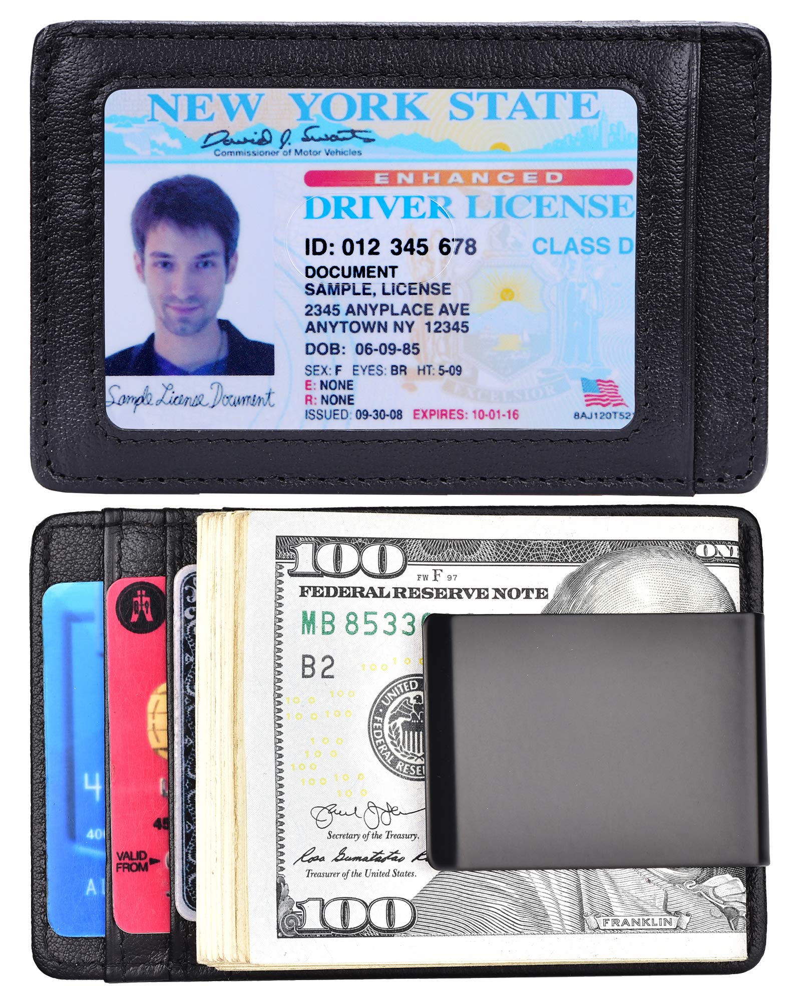 kinzd Money Clip Carbon Fiber RFID Blocking Front Pocket Leather ID Credit Card Holder Wallet for Men Black