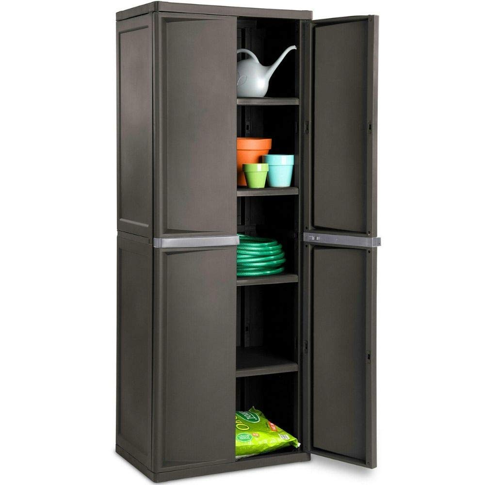 Lockable Storage Cabinet Outdoor 4 Shelf Organizer Yard Garden Garages Pantry Dorm Room Kitchen Adjustable Shelves 2 Doors Accent Cabinet Storage Shed Horizontal