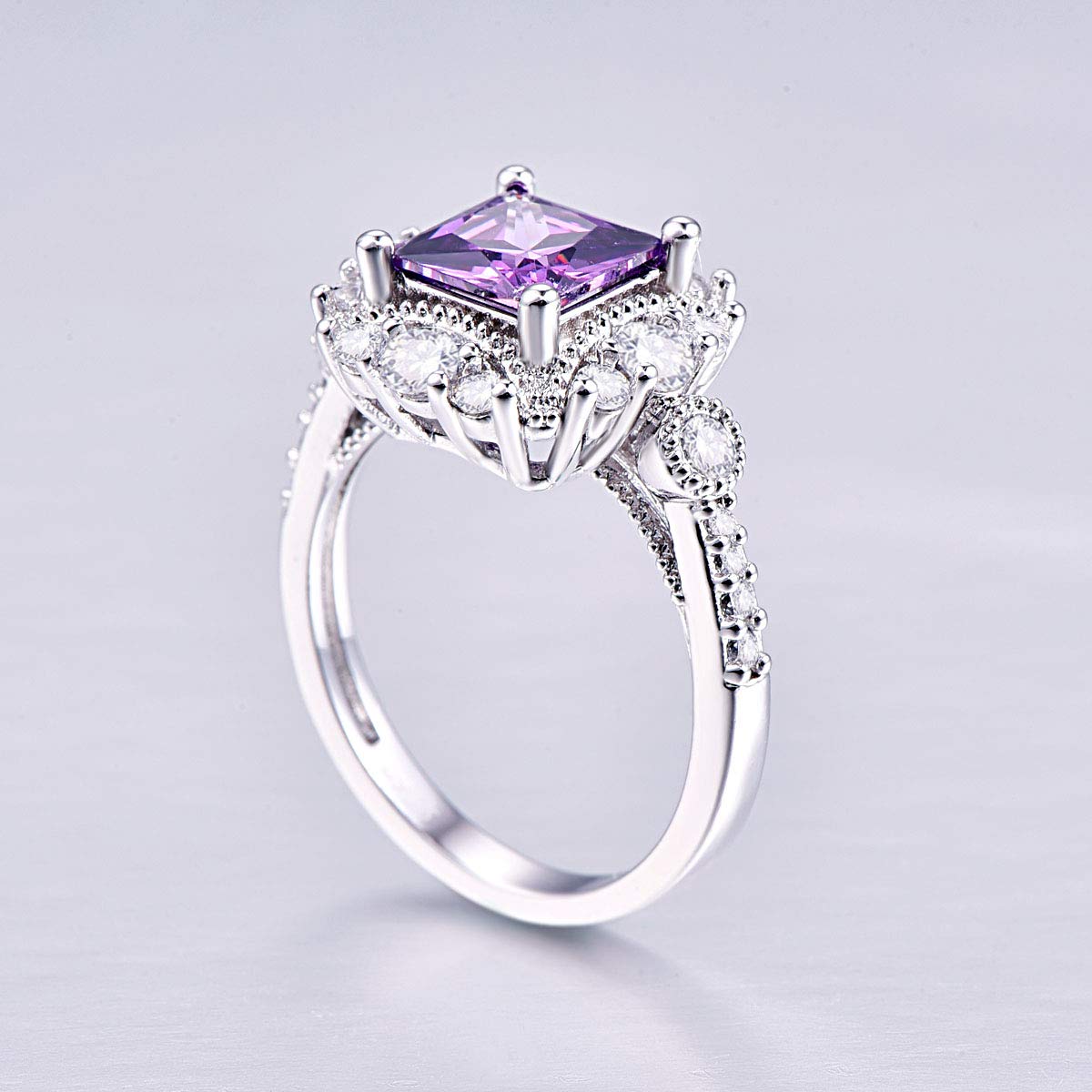 Momius 925 Silver Created-Amethyst Princess Cut CZ Halo Flower Wedding Band Engagement Ring for Women Size 9¡