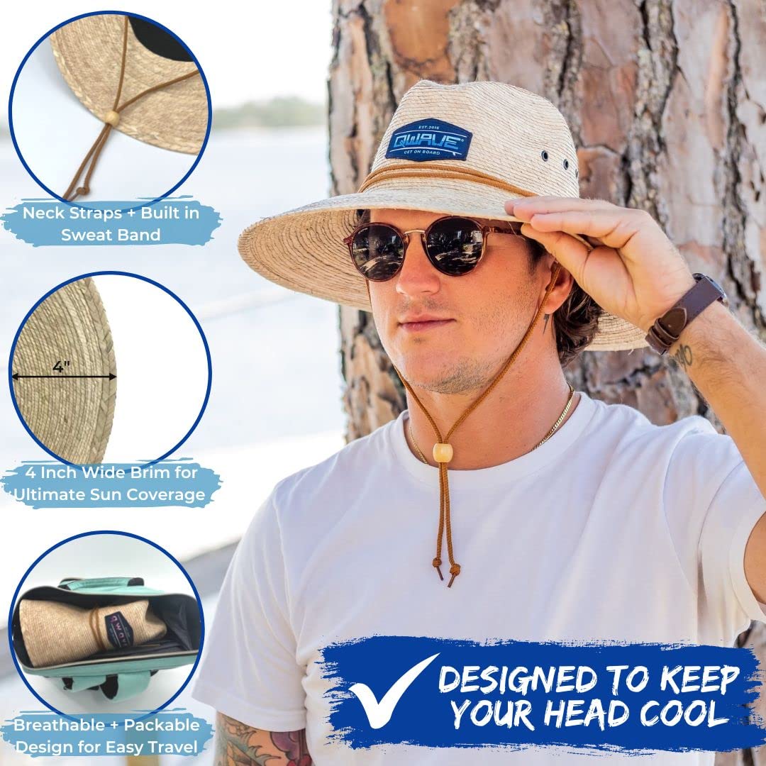 Qwave Packable Straw Hat, Lifeguard Hat for Men and Women, Stone Washed Beach Straw Hat, Protection from Summer Sun Hat - American Flag Surfboard
