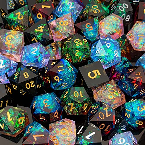 Sharp Edge Dice DND Dice Set, Resin Dice Polyhedral Dice D and D Dice Set Dungeons and Dragons Dice Set D&D with Metal Box & Bag for RPG Role Playing MTG Dice Game D20 D12 D10 D8 D6 D4 Blue and Pink