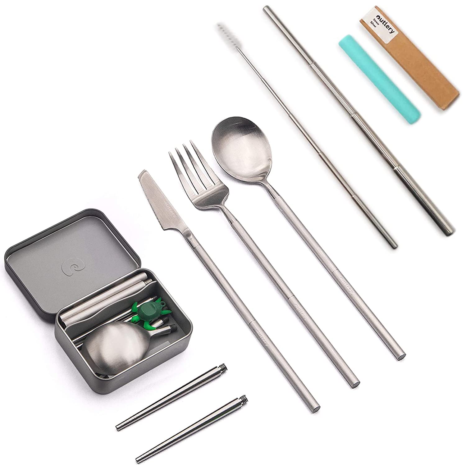 Outlery | Collapsible, Reusable Straw for Travel and Day Trips Stainless Steel Metal Straw with a Telescopic Portable Design Bundle with Portable & Reusable Stainless Steel (Raw Silver)