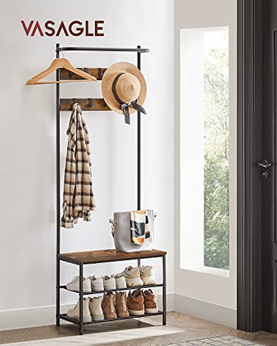 VASAGLE Hall Tree with Bench and Shoe Storage, Entryway Bench with Coat Rack Stand and Shoe Rack, 9 Removable Hooks, Top Bar, Fabric Shelves, Industrial, Rustic Brown and Black UHSR411B01