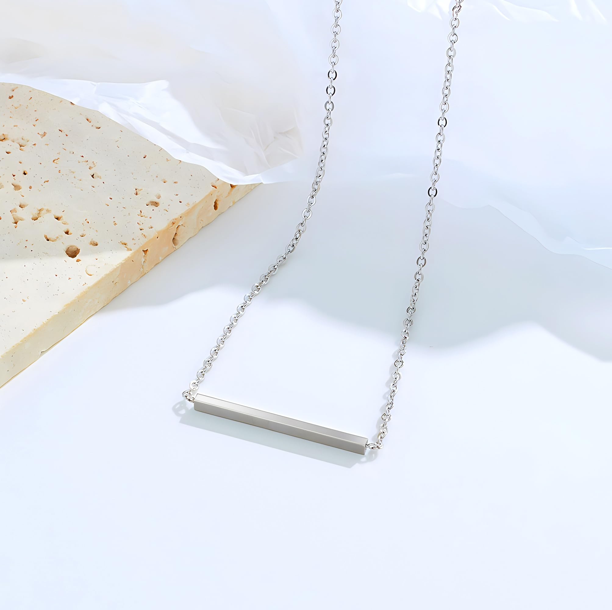 KristLand - Women Simple Bar Pendant Necklace Dainty 18K Gold Necklace Rose Gold Plated Simple Design Solid Circle, Heart Choker Chain Silver Necklaces for Women A Solid Bar Silver