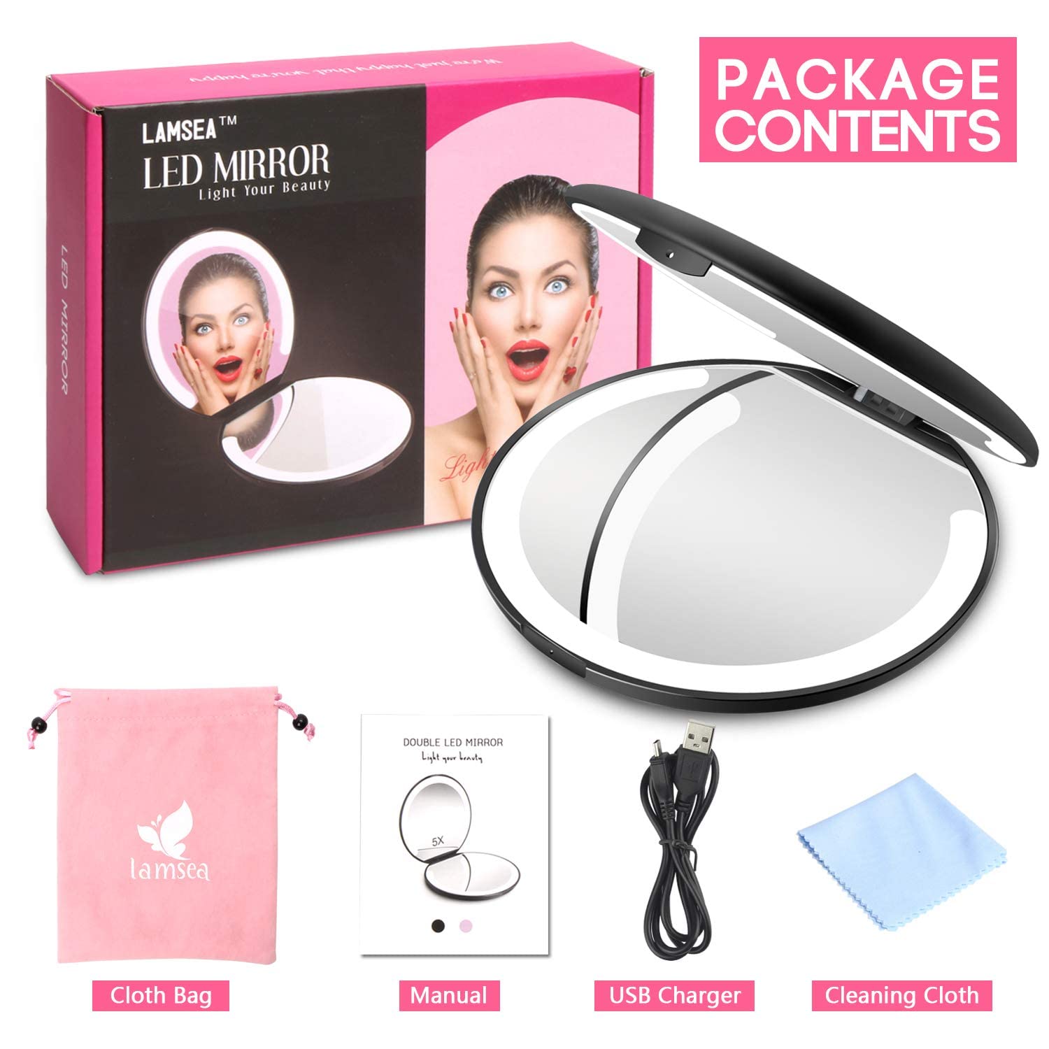 LED Lighted Travel Makeup Mirror Foldable, Dual Sided Vanity Mirror with Lights Portable Compact Illuminated Folding Tabletop Cosmetic Mirror, 1x/5x Large 4.9β Handheld Magnification Pocket Mirrors