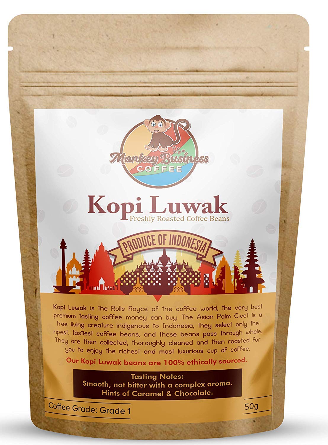 Monkey Business Coffee - Wild Kopi Luwak Coffee Ground Beans - Ethically Sourced - 50 Grams (1.75oz) (Other Weights & Bean Types Available) - Produce of Indonesia…
