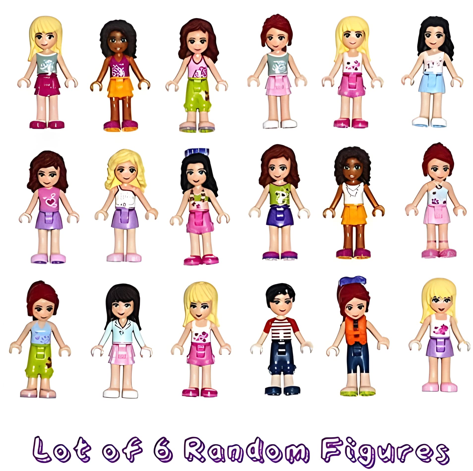 LEGO Friends Girl Female Male Minifigures - Lot of 6 Random Figures (No Duplicates)