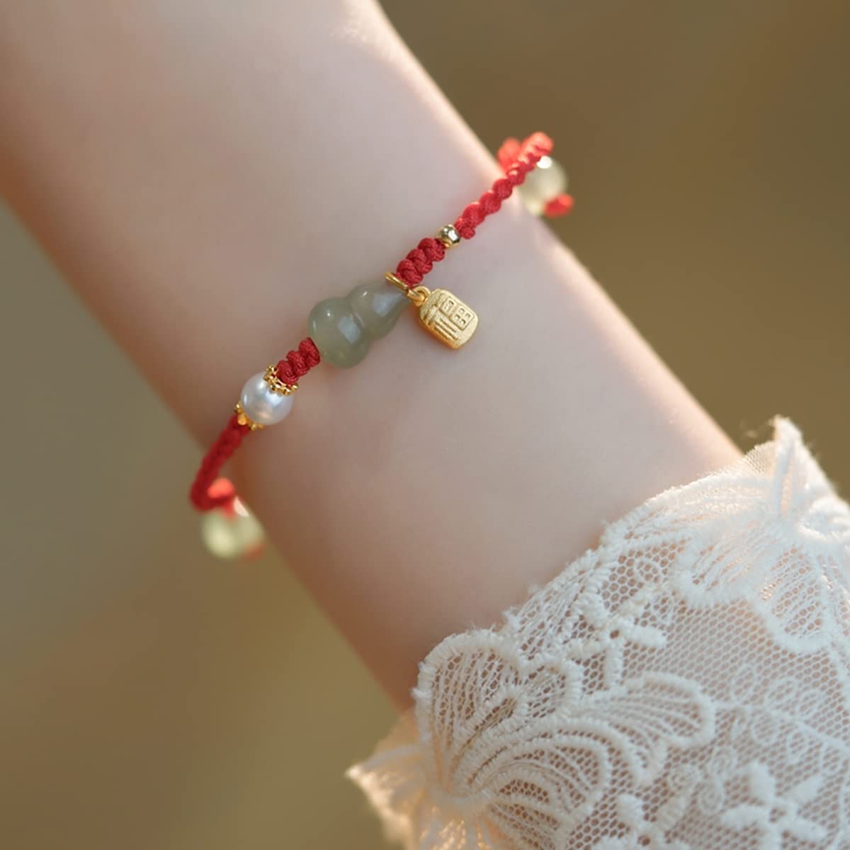 Qordelia Red String Hetian Jade Gourd and Fu Character Pendant Freshwater Pearl Bracelet, Adjustable