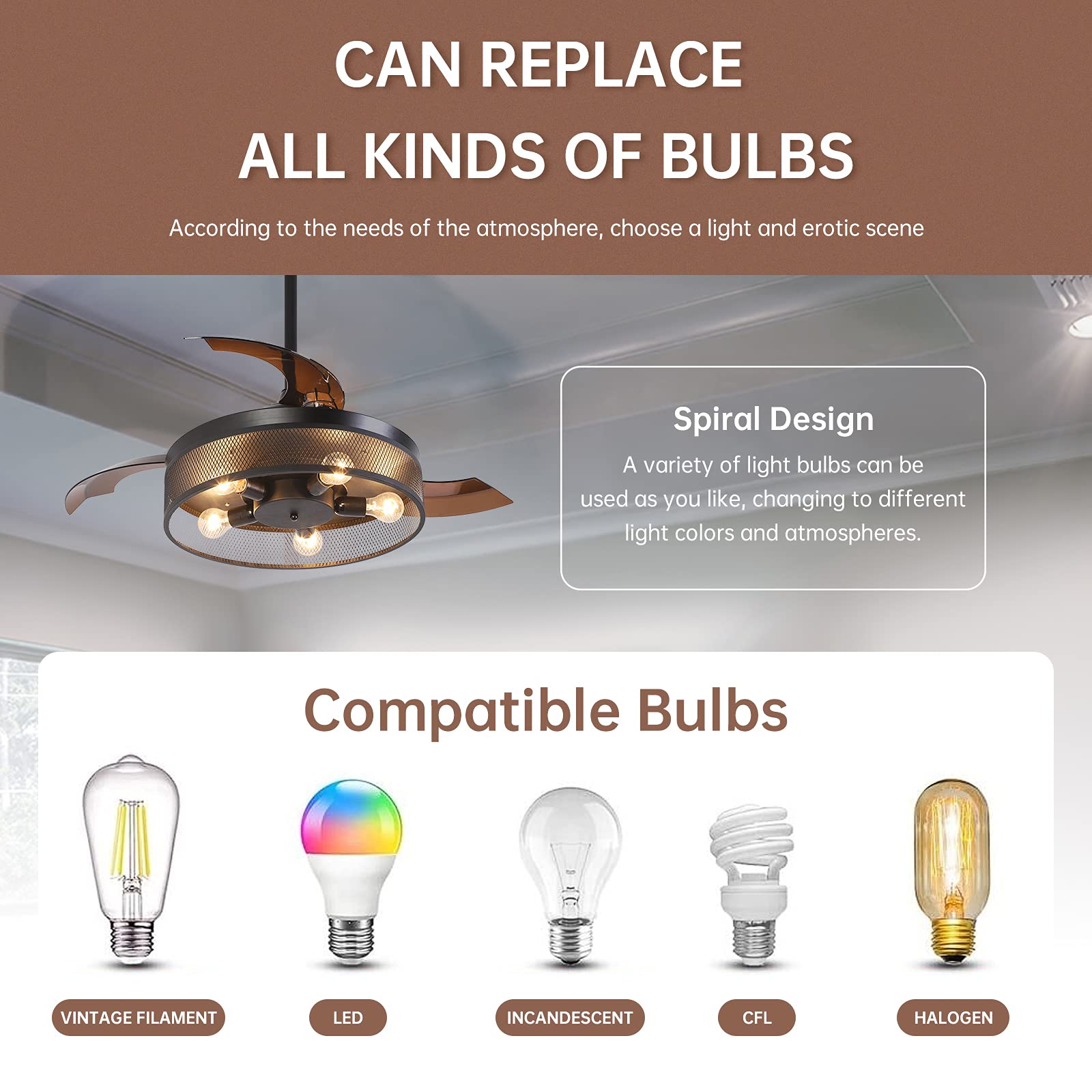 LINJO 42" Retractable Ceiling Fan with Light Black Noiseless Industrial Ceiling Fan with Remote Control 6 Wind Speeds for Living Room Bedroom Kitchen [Easy Installation] [3 Colors 5 E26 Led Bulb]