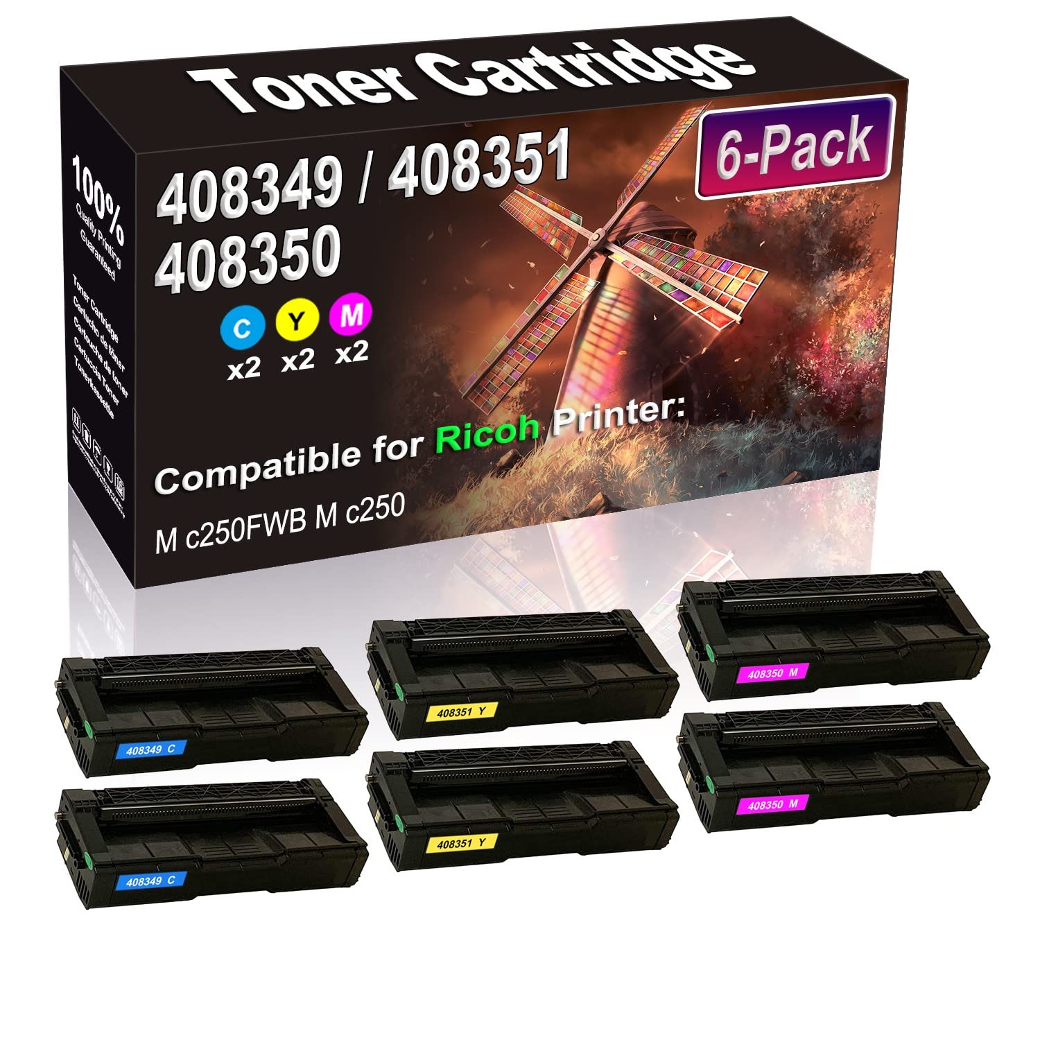 Kolasels 6-Pack (2C+2Y+2M) Compatible M c250FWB M c250 Toner Cartridge Replacement for Ricoh M C250 408349 408351 408350 Printer Toner Cartridge (High Capacity)