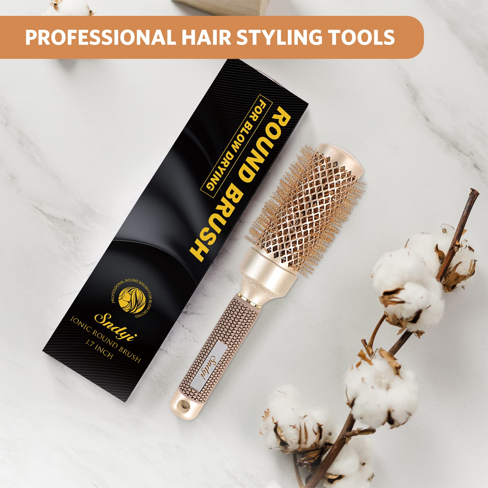 Sndyi Round Brush for Blow Drying, Nano Thermal Ceramic & Ionic Tech Hair Brush, Medium Round Brush for Curling and Straightening, Add Shine and Creat Maximum Volume -1.7 Inch