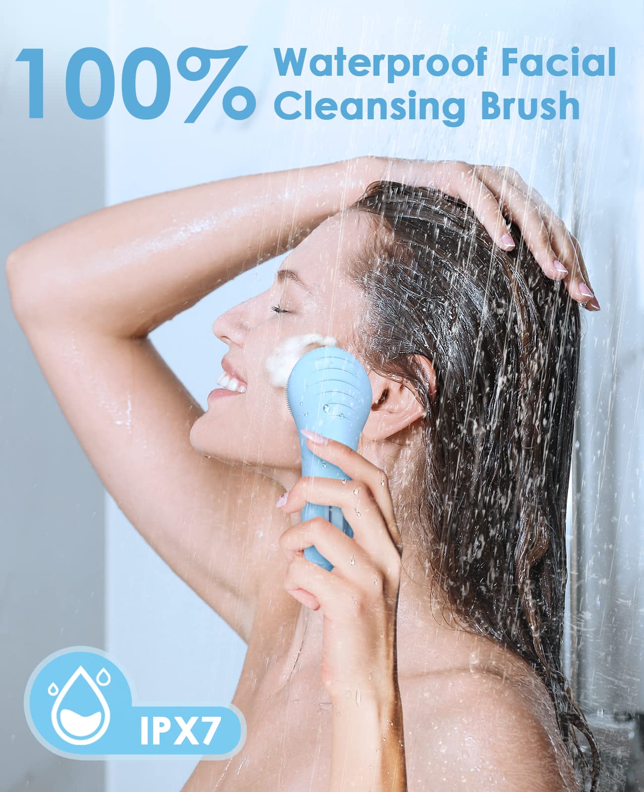 Sonic Silicone Face Scrubber for Sensitive Skin Waterproof Electric Facial Cleansing Brush with Base, Jack&Rose Inductive Charging Face Exfoliator Brush—Sky Blue