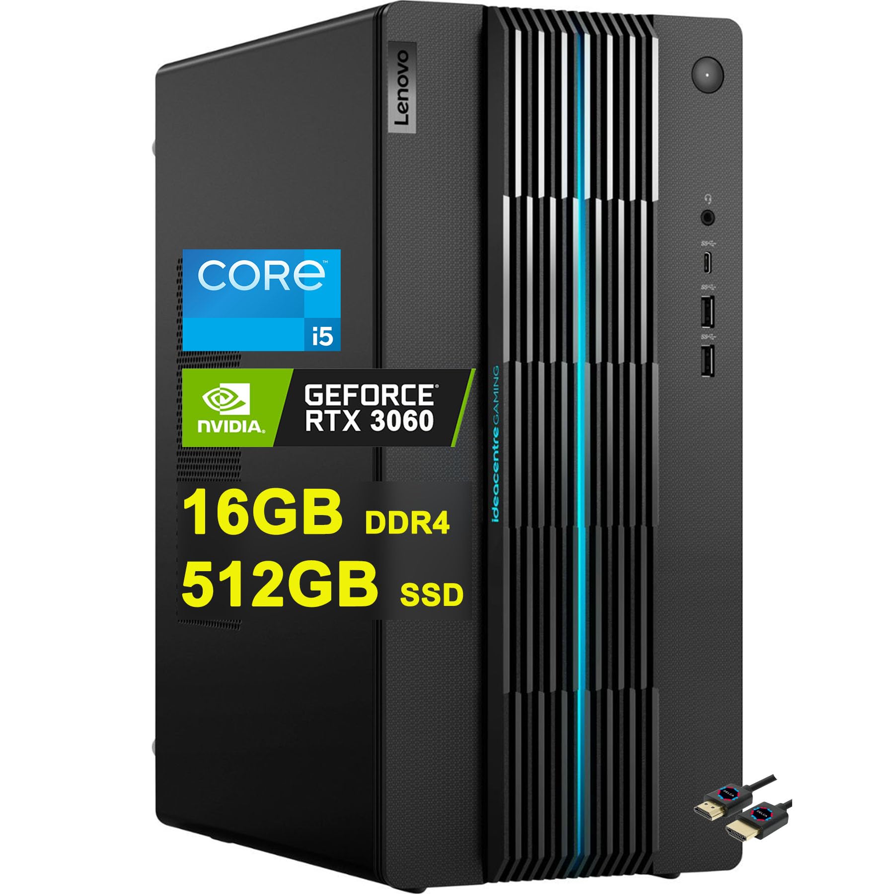 Lenovo IdeaCentre 5 Gaming Desktop | 12th Gen Intel 6-core i5-12400 Processor (>i7-10700) | 16GB DDR4 512GB SSD | GeForce RTX 3060 12GB Graphic | DisplayPort USB-C VGA Win11 Black + HDMI Cable