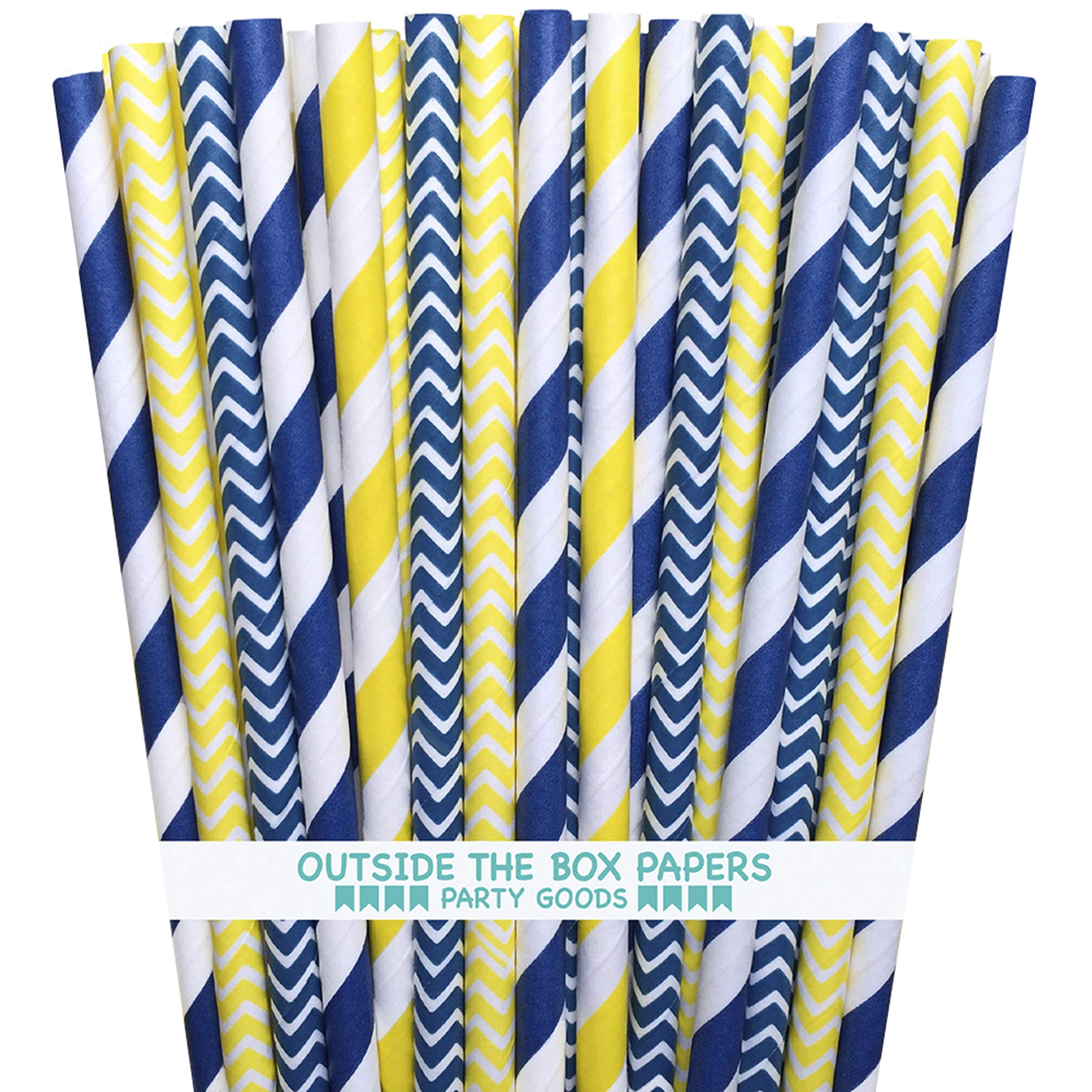 Outside the Box Papers Yellow and Navy Blue Chevron and Stripe Paper Straws 7.75 Inches- 100 Navy Blue, Yellow