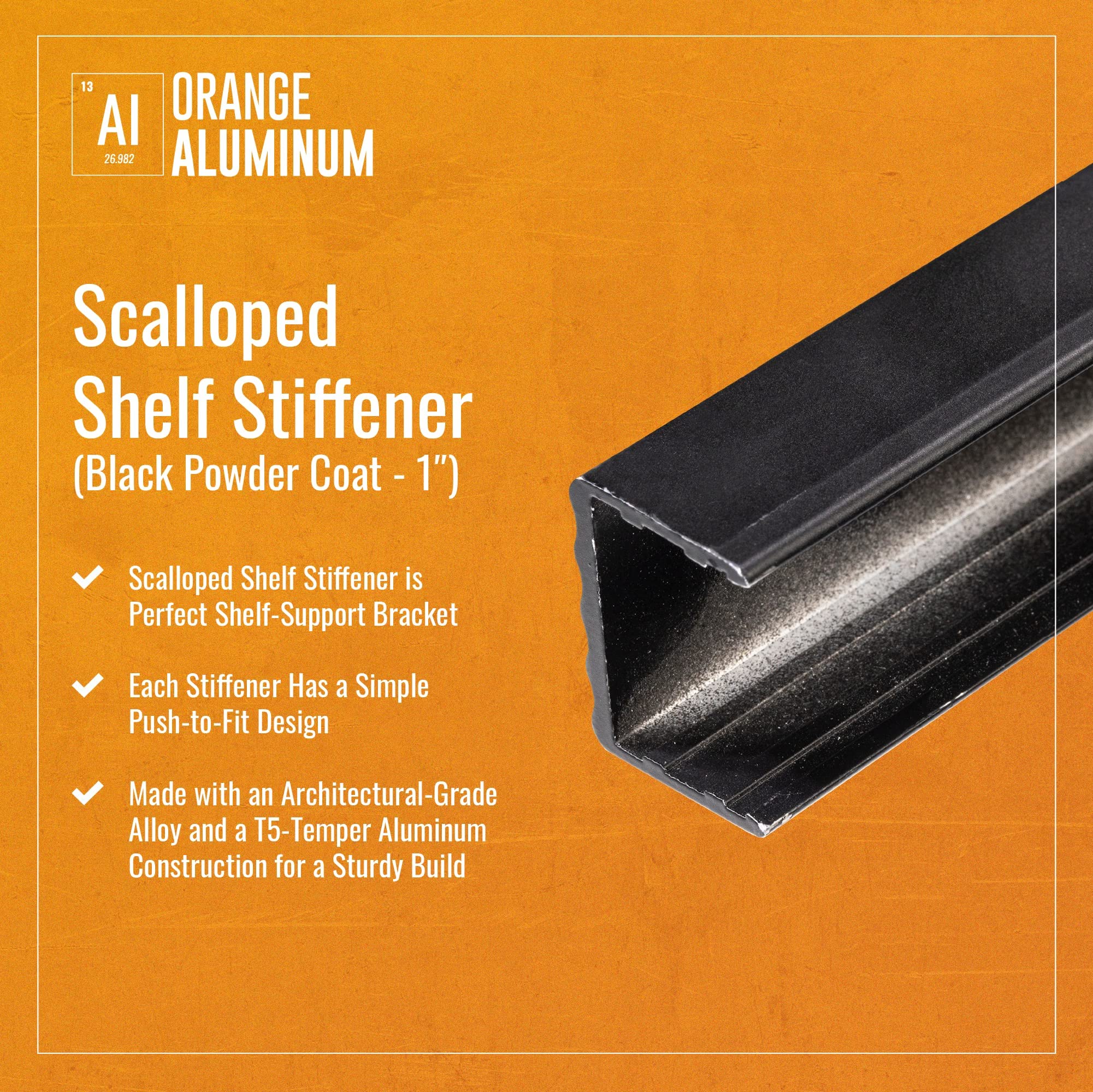 Scalloped Shelf Stiffener by Orange Aluminum, Rack, Cabinet, and Shelf Bracket, 48 Inches, for 1" Materials, Black Powder Coat