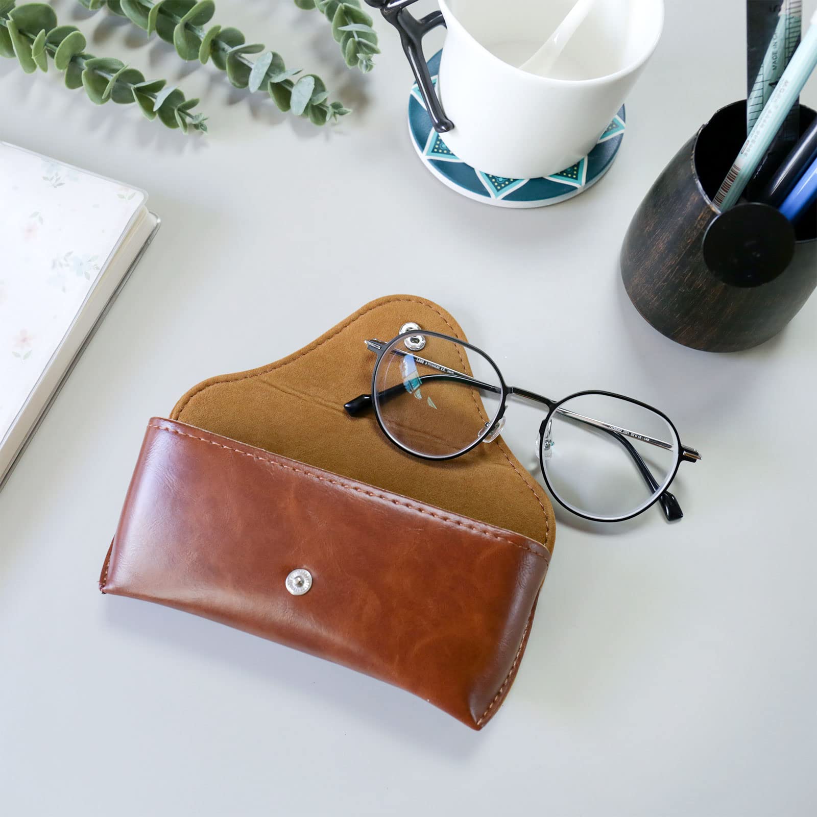 LogHog Portable Leather Glasses Case,Mother's Day Gifts Durable Soft Sunglasses Pouch Slim Case for Women Men Horizontal Eyeglass Case (Button - Brown)