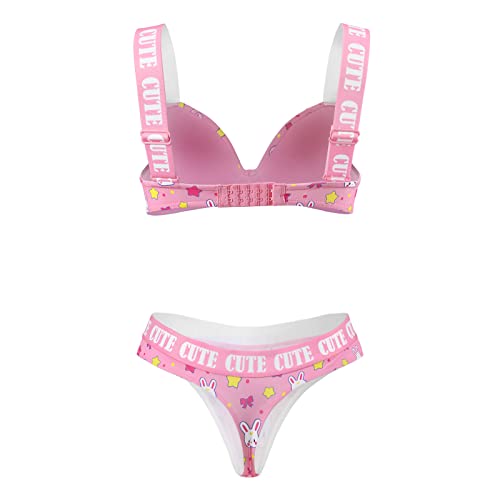 Littleforbig Women Nightwear Strap Sleepwear Cami Top and Thong Bralette Set - Usagi Sporty Pink M