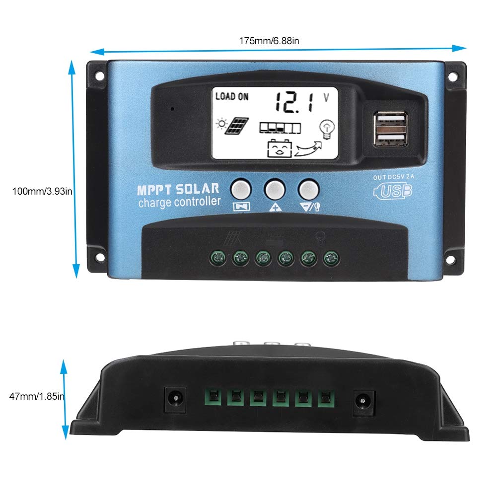 SHYEKYO Solar Charge Controller, 12V/24V MPPT Solar Charge Controller with LCD Real Time Display Solar Panel Intelligent Regulator for Storage Batteries and Loads Work(50A)