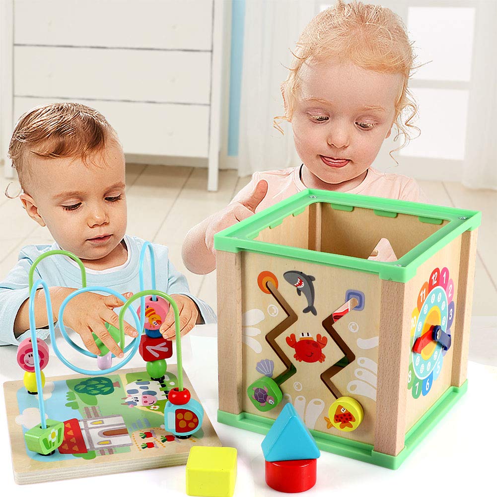 Lewo Wooden Activity Cube Bead Maze Shapes Sorter Educational Toys for Toddler Kids