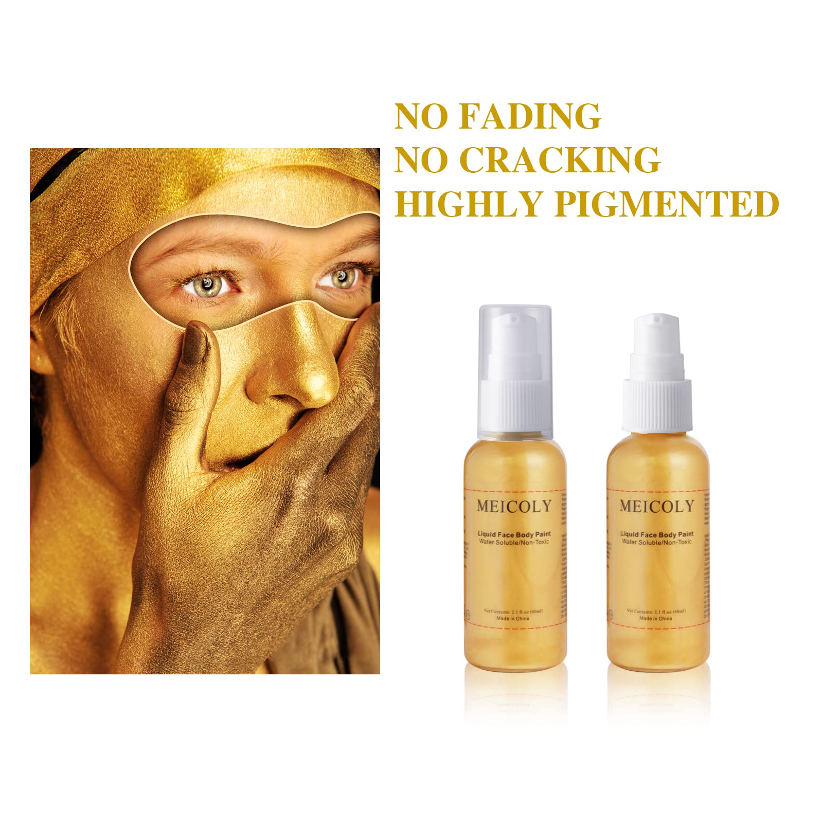 MEICOLY Cream Gold Face Body Paint,2.1Oz Smudge-proof Gold Body Paint,Water Based Washable Full Body Paint for Adults and Kids,Halloween SFX Special Effects Christmas Highlight Makeup,Metallic Gold