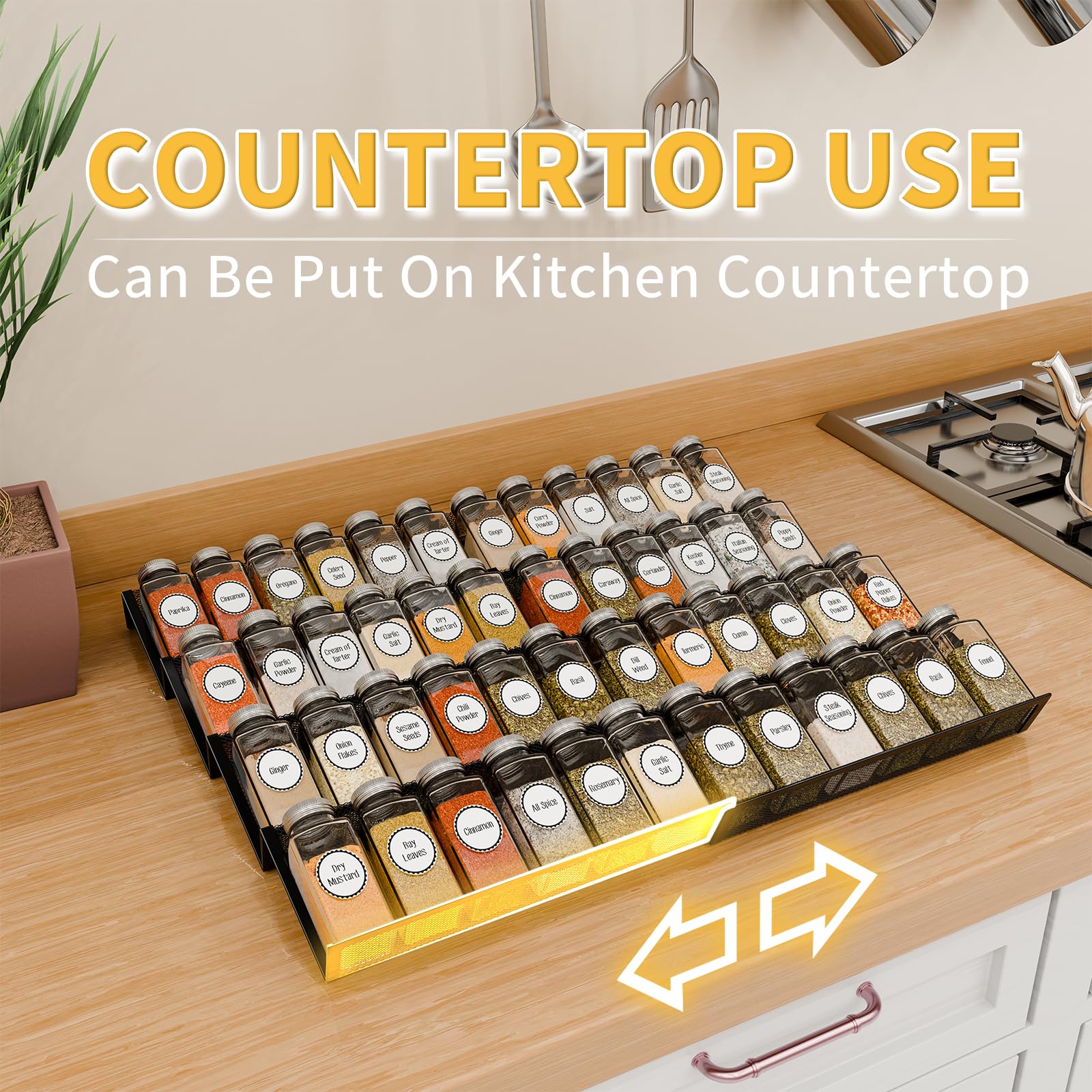 Simple Trending Spice Drawer Organizer,8 Piece Metal Mesh Expandable from 10.75" to 21.5" Insert,Hold up 48 Spice Jars Kitchen Countertop Rack Tray,for Drawer/Countertop (Jars not included)
