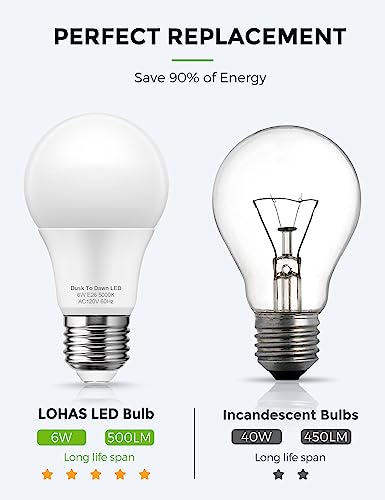 L LOHAS LED Dusk to Dawn LED Light Bulbs, 40W Equivalent LED Outdoor Lighting, Daylight 5000K, Automatic On/Off Outdoor Light, A19 6W Bright Porch Light Bulbs, 500LM E26 for Garage Patio, 4 Pack