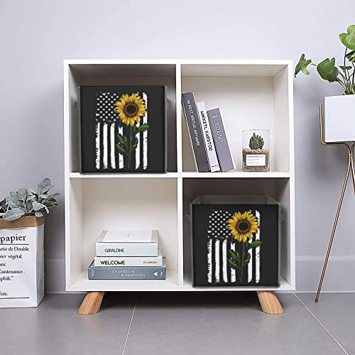 Sunflower American Flag Collapsible Storage Bins Basics Folding Fabric Storage Cubes Organizer Boxes with Handles