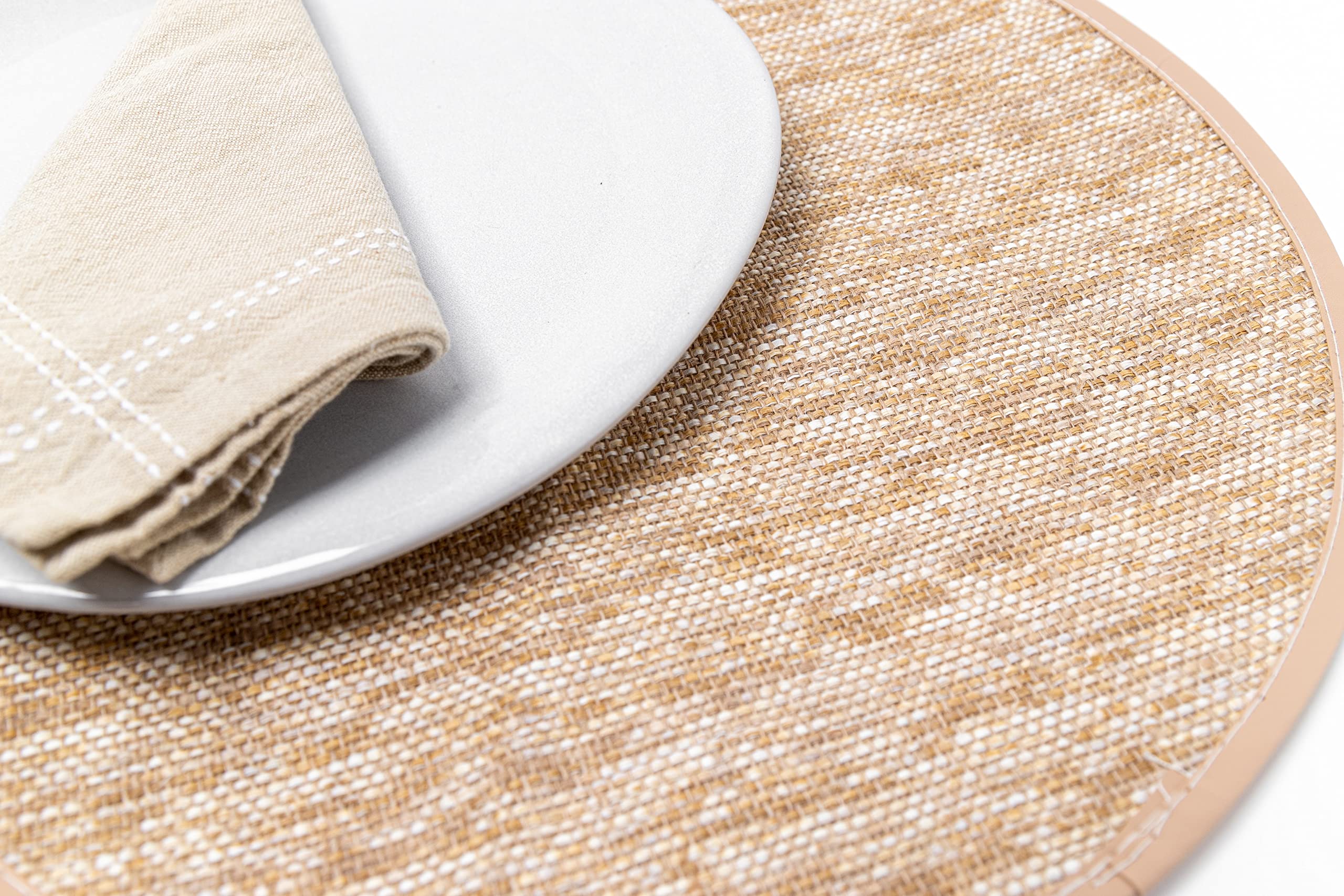 Jute Placemat with Leather Border, Burlap Placemats, Jute Rustic Table Mats for Dining Tables Heat Resistant, Table Mats, BBQ's, Everyday Home Decor Set of 12, Round Placemats, Fall Placemats