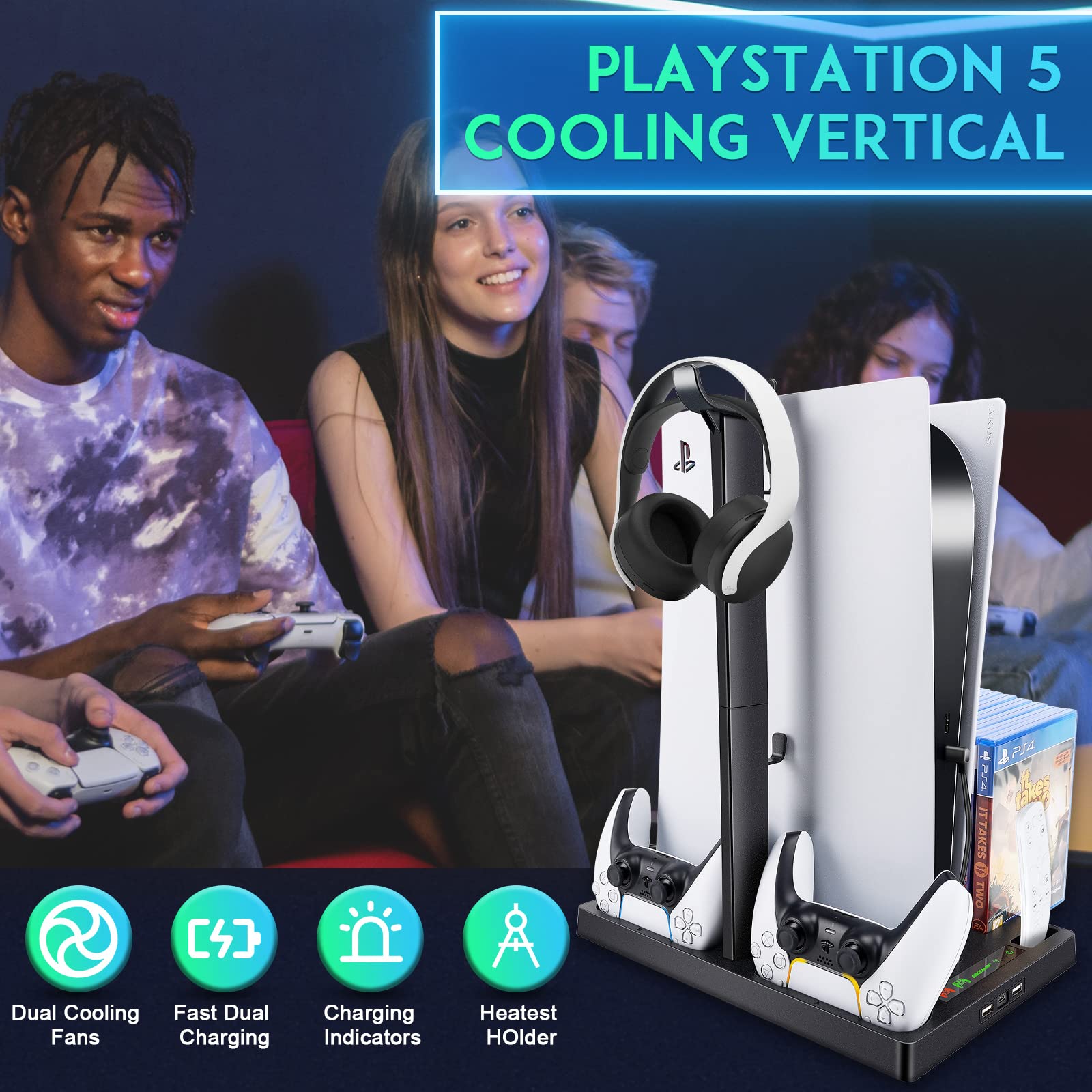 PS5 Slim Stand with Cooling Station&Controller Charging Station, SIKEMAY PS5 Slim Vertical Stand or PS5 Slim Console with Headset Holder