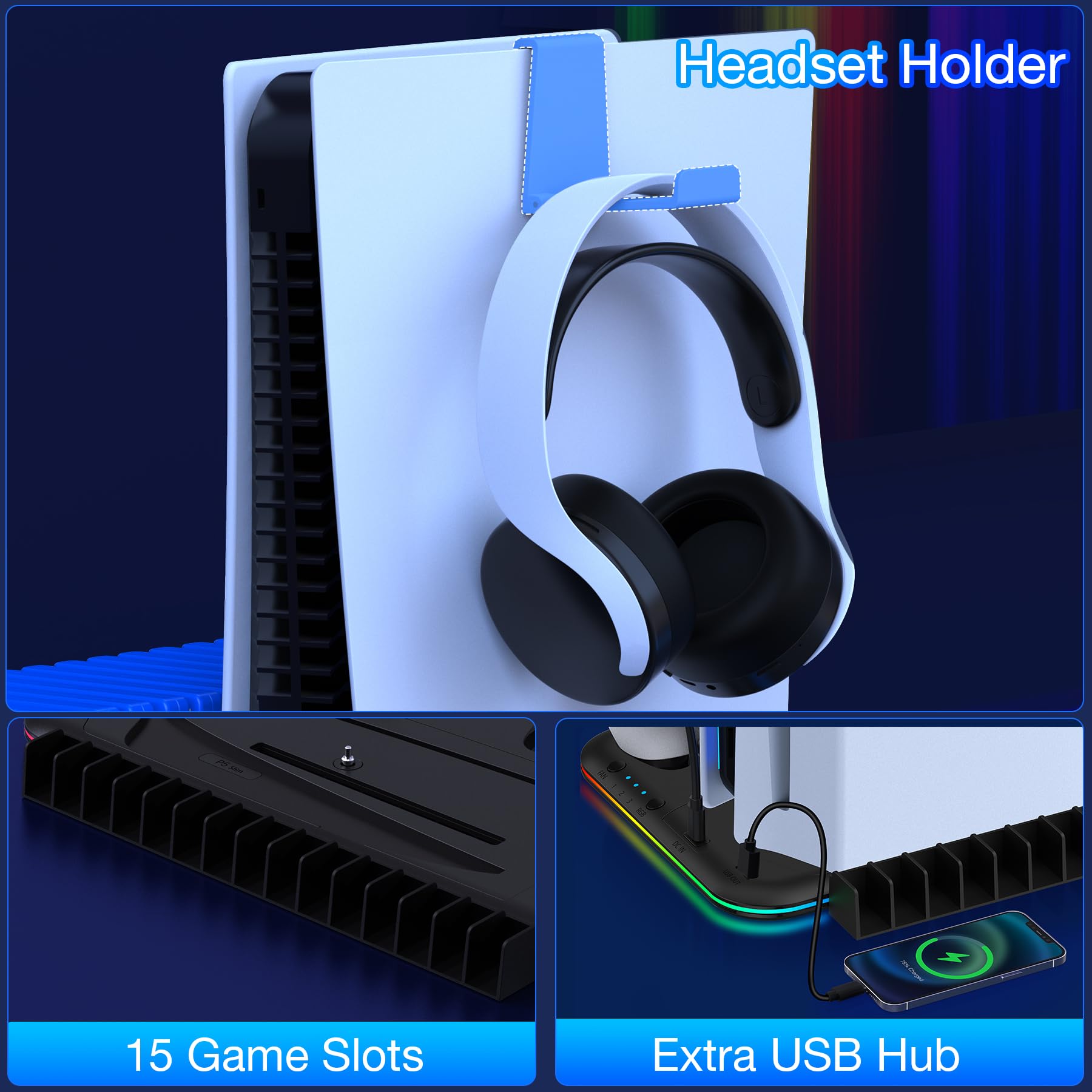 PS5 Slim Stand Cooling Station for Playstation 5 Slim Console Disc/Digital,PS5 Accessories Cooling Stand with 3-Level Cooler Fan,Dual PS5 Controller Charger,RGB Light,Headset Holder,15 Game Slot-Black