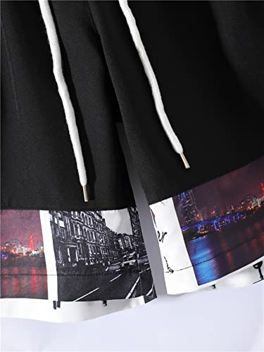 SHENHE Men's 2 Piece Outfits Graphic Button Up Short Sleeve Patchwork Shirt and Shorts Set White and Black M