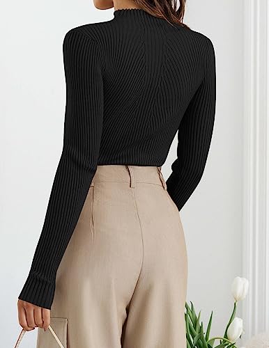 ZESICA Women's 2023 Fall Long Sleeve Turtleneck T Shirts Ribbed Knit Sweater Slim Fit Basic Casual Tee Tops,Black,Large