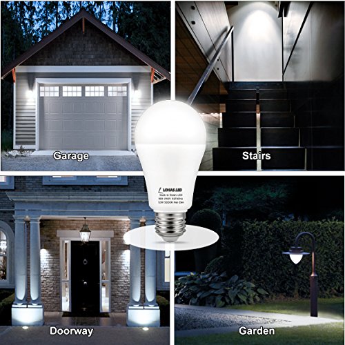 LOHAS Dusk to Dawn LED Outdoor Lighting, 12W(100Watt Equivalent) Smart Sensor Light Bulbs Daylight 5000K, A19 LED Bulb E26 Automatic On/Off Security Yard Lights, Perfect for Porch Garage Patio, 2 Pack