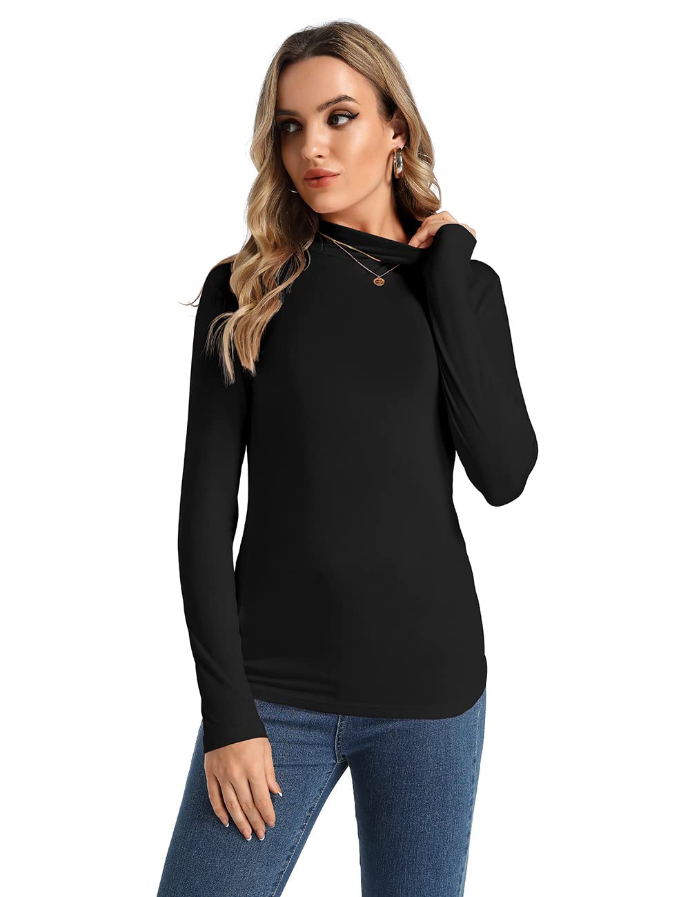 Plus Size Tops for Women Long Sleeve Mock Turtleneck Stretch Slim T Shirt Layer Tops Black XX-Large