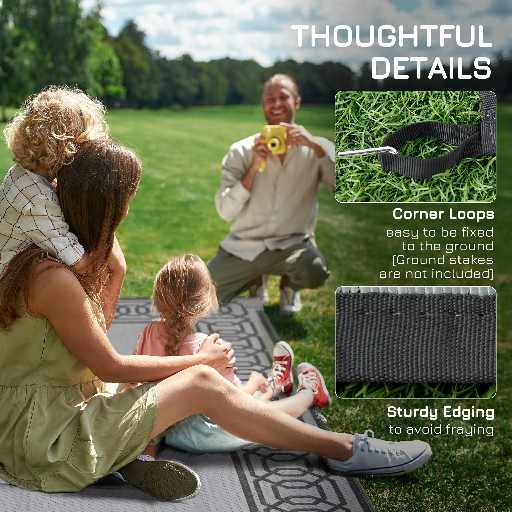 Outsunny Reversible Outdoor Rug, 9' x 18' Waterproof Plastic Straw Floor Mat, Portable RV Camping Carpet with Carry Bag, Large Floor Mat for Backyard, Deck, Picnic, Beach, Black & Gray Border