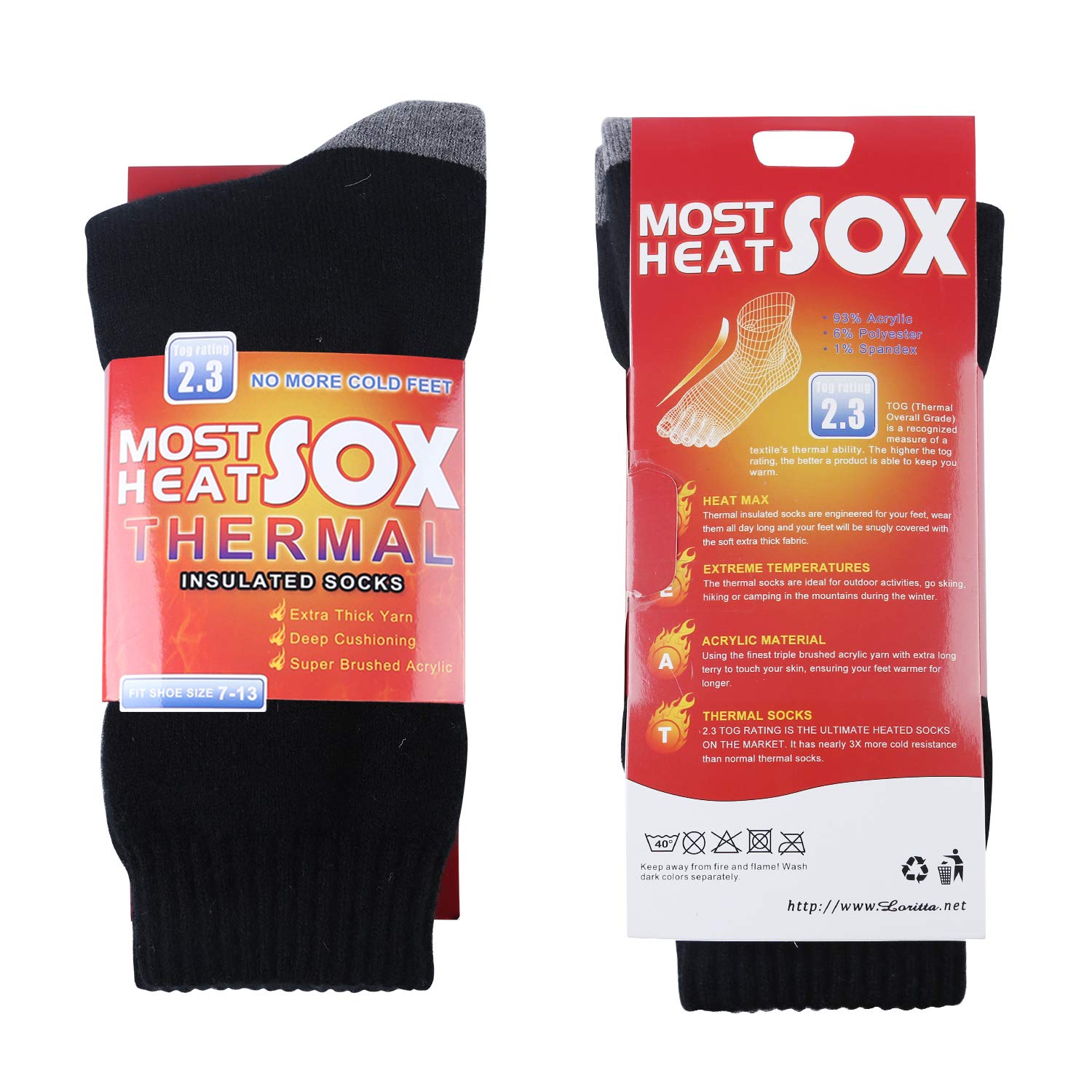 Loritta 6 Pack Thermal Socks, Mens Cold Weather Crew Sock,Black+gray