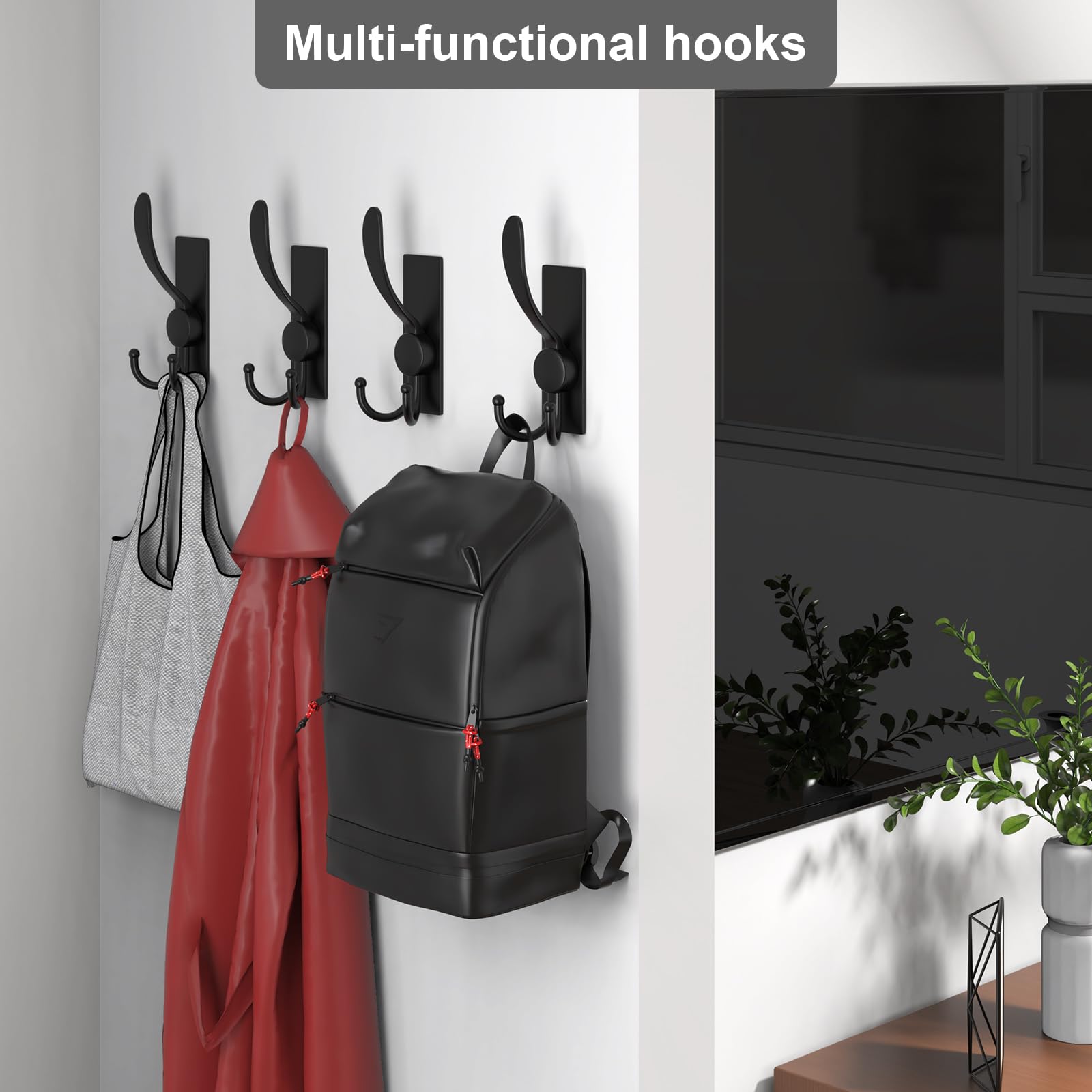 VINHOLD Self-Adhesive Coat Hooks with Tri Hooks, Metal Wall Mounted Towel Hooks for hanging towels, coats, hats, pans, Utility Hooks for bathrooms, bedrooms,kitchens(2 pack,Black)