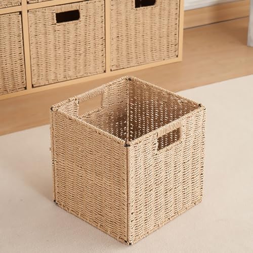 WENFOME Set of 3 Woven Storage Baskets for Shelves, Paper Rope Handmade Open Storage Bins, Pantry Baskets Organization Basket Seagrass Baskets Folding Storage Basket for Toy, Wicker Basket for Bedroom