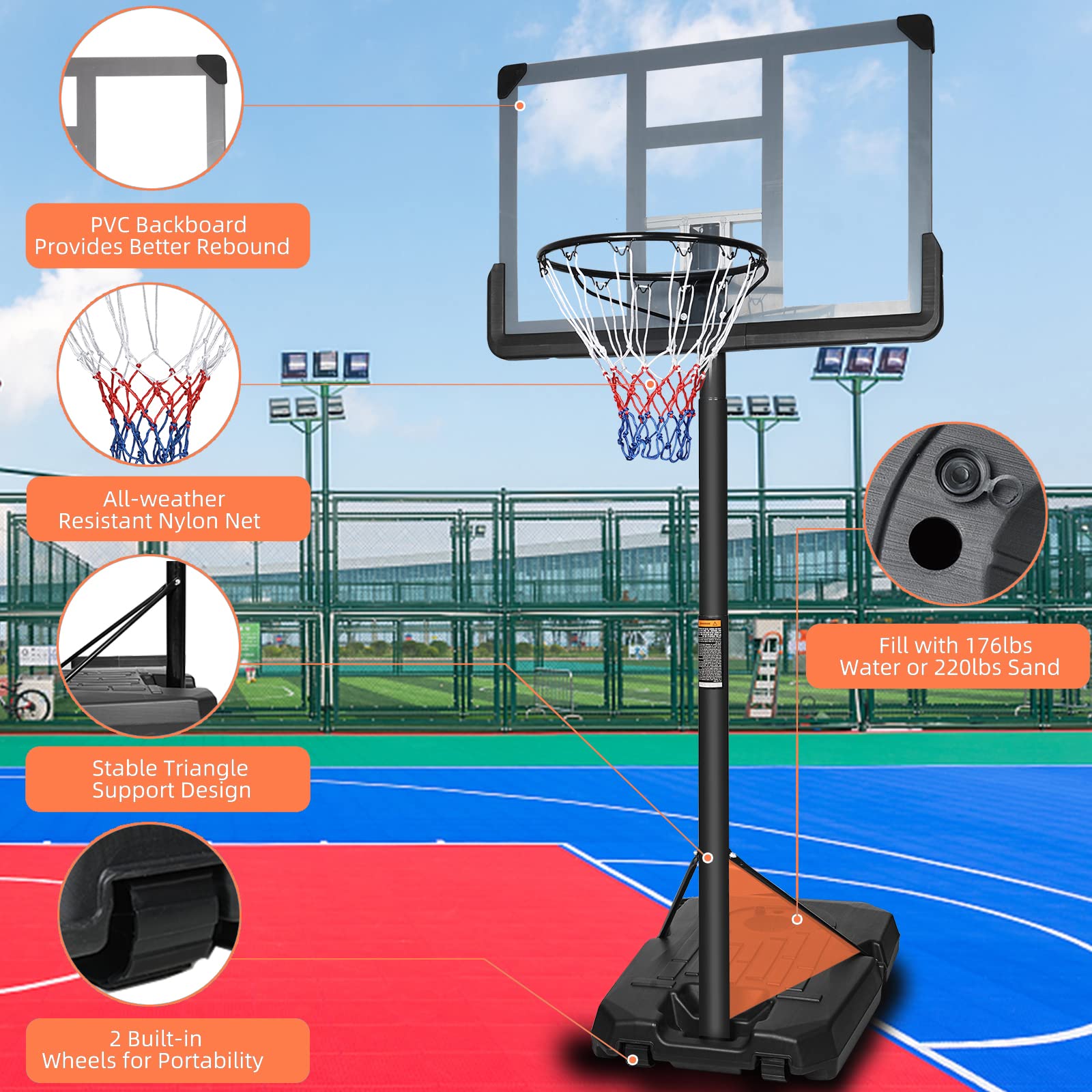 Rakon Teenagers Height Adjustable 6.5-10'Basket 44 "Backboard Portable Basket System for Indoor and Outdoor use